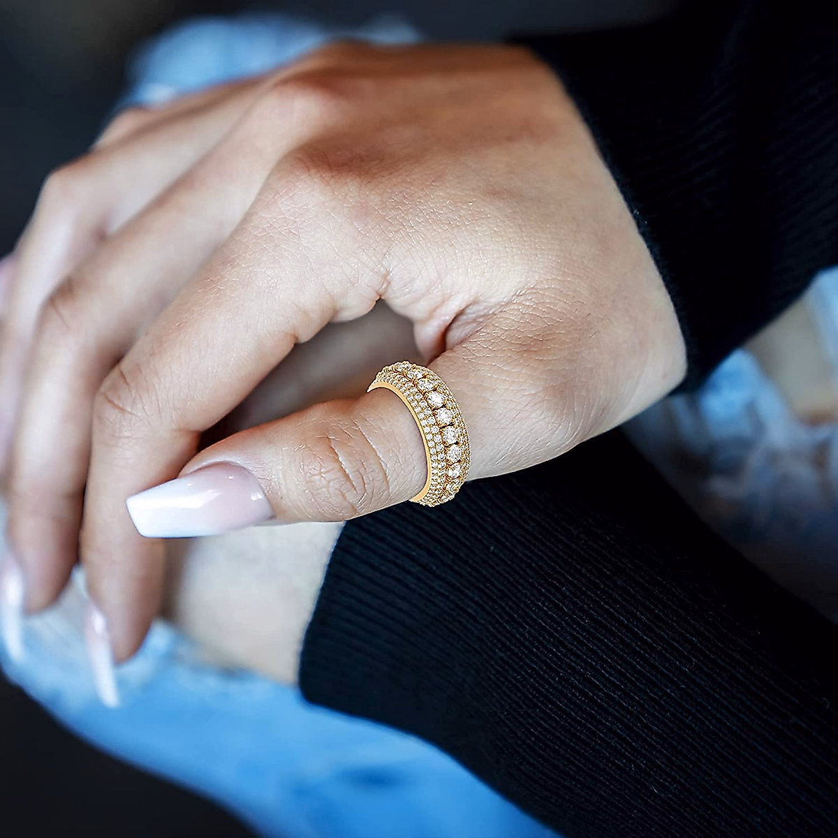 Apzzic 10mm Iced Out Gold Plated 5 Row Cubic Zirconia Diamond Hip Hop Eternity Band Engagement Ring for Men Women Gold Size 9