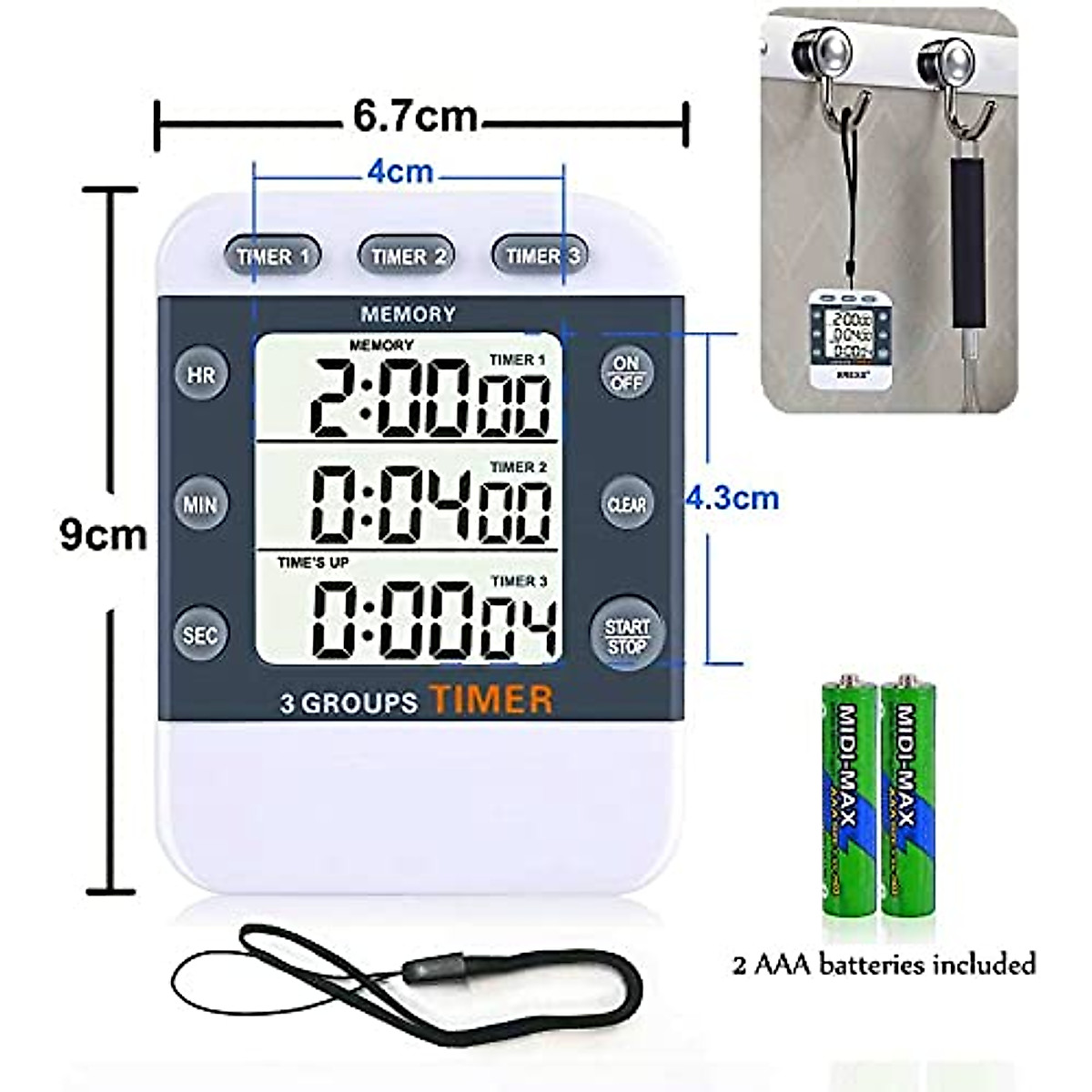 PAICLOUD Digital Kitchen Cooking Timer,3 Channels Count UP/Down Timer,ON/Off Switch Stopwatch,Adjustable Volume Alarm with Magnetic Back, Stand, Battery Included