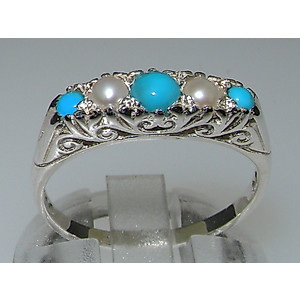 925 Sterling Silver Natural Turquoise and Cultured Pearl Womens Band Ring - Size 7.75