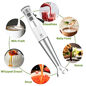 Immersion Hand Blender, UTALENT 5-in-1 8-Speed Stick Blender with 500ml Food Grinder, BPA-Free, 600ml Container,Milk Frother,Egg Whisk ,Puree Infant Food, Smoothies, Sauces and Soups - White