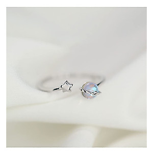 Moonstone Planet Star Ring 925 Sterling Silver for Women Celestial Saturn Adjustable Open Wrap Finger Rings Comfort Fit Cute Dainty Birthday Christmas Jewelry Gift for Daughter Sister