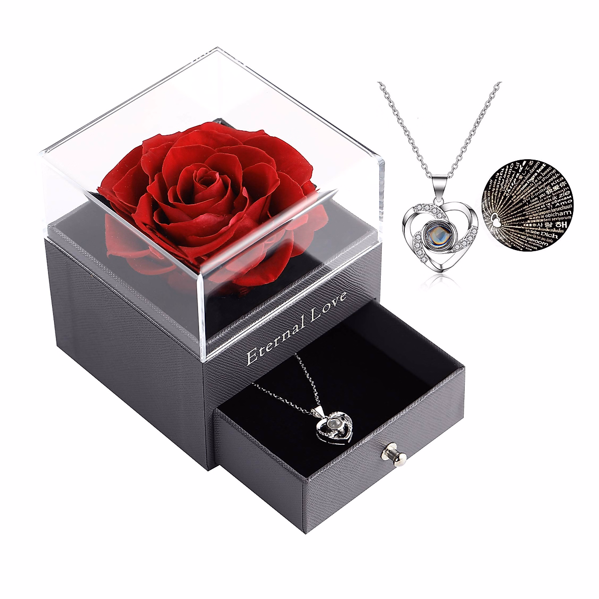Ocosy Mothers Day Flower Gifts for Her, Preserved Real Flower Rose with Silver-Tone Heart Necklace I Love You in 100 Languages Gift Set, Enchanted Flower Rose Gifts, Red