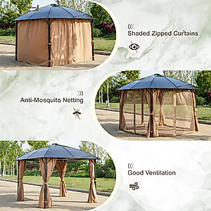 HERA'S HOUSE 10x10 Outdoor Hardtop Gazebo, Patio Canopy Flea Defence with Mosquito Netting&Curtains, Permanent Polycarbonate Tent Pergola for Lawn, Parties, Courtyard, Garden(Brown)