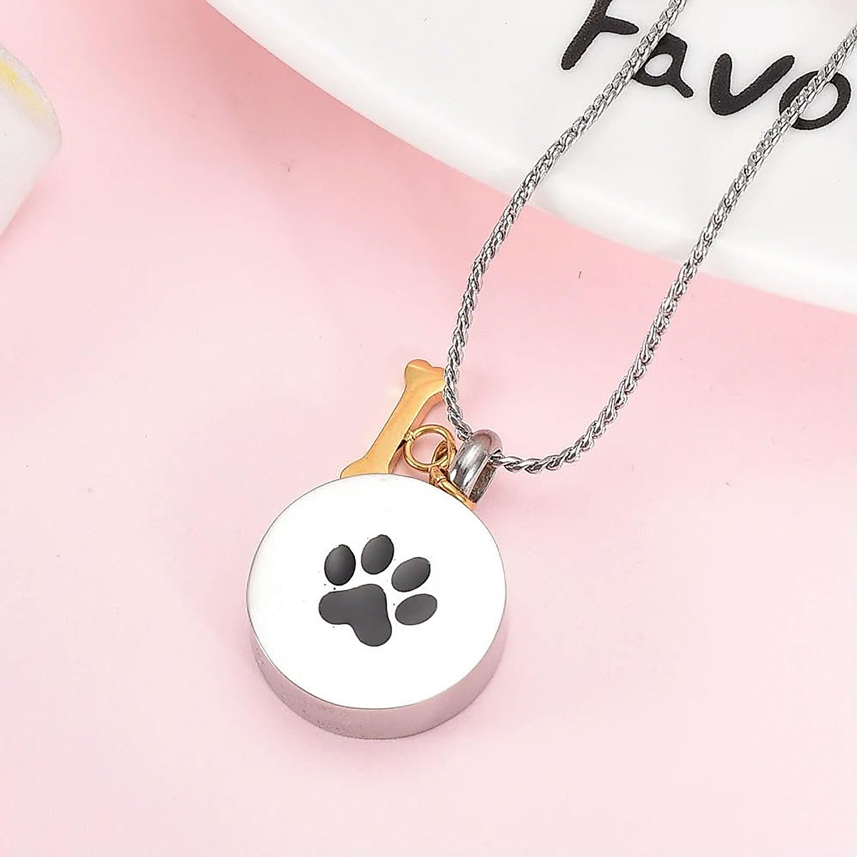 MYPOWER Pet Paw Print Round Cremation Jewelry for Ashes Pendant Golden Dog Bone Stainless Steel Holder Urns Pet Memorial Necklace