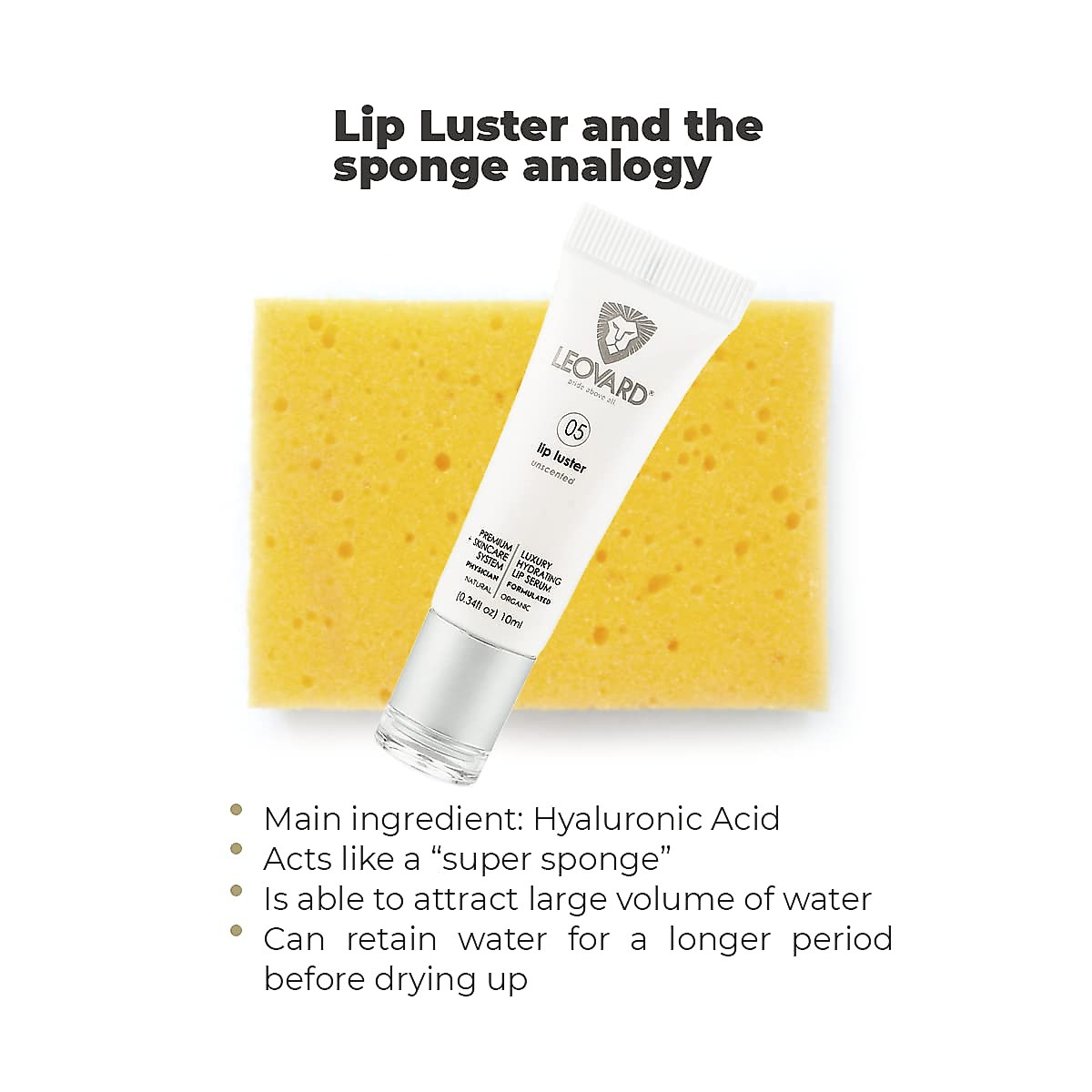 Leovard Lip Luster Hyaluronic Acid Lip Hydrating Lip Serum Balm - Organic Natural Lip Hydrating Treatment, Moisturizing Lip Serum, Reduce Dryness Lip Lines Lip Enhancer For Fuller Plump Lips (1 Pack)
