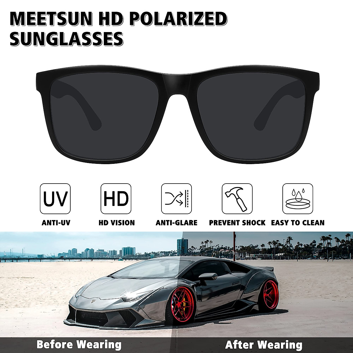MEETSUN Polarized Sunglasses for Men Women Sports Fishing Driving Square Classic Sun Glasses UV400 Protection Matte Black Frame-Gray Lens