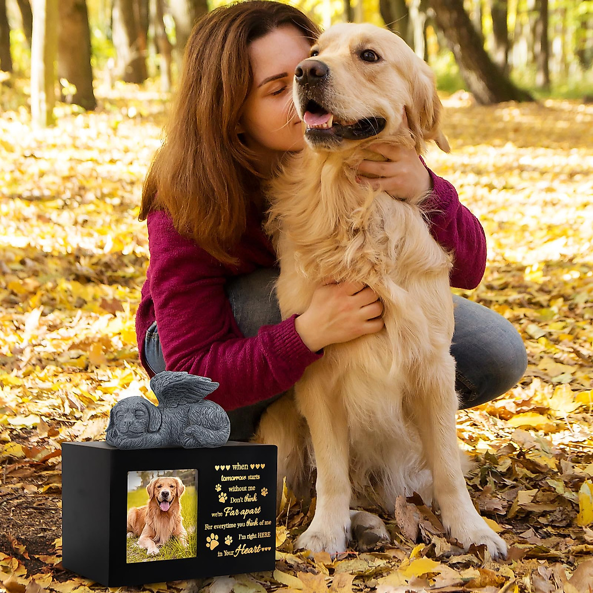 LPREUTWN Pet Urns for Ashes, Large Wooden Pet Urns for Dog or Cat Ashes with Dog Angel, Memorial Keepsake Memory Box with Photo Frame, Loss Pet Sympathy Remembrance Gift (Black)