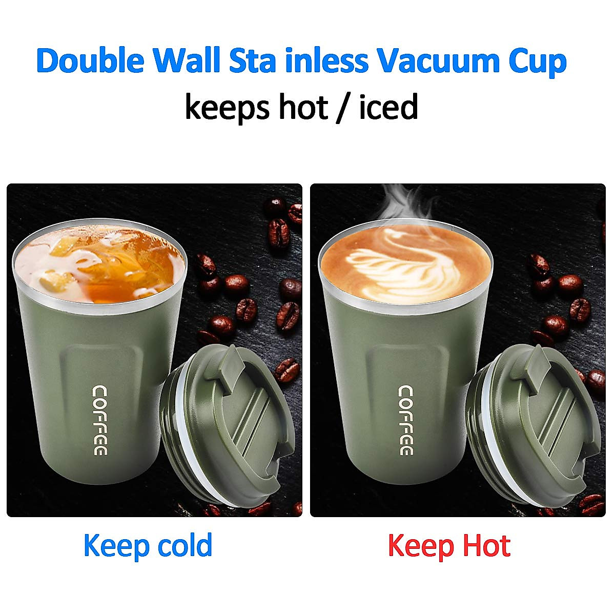 12 oz Stainless Steel Vacuum Insulated Tumbler - Coffee Travel Mug Spill Proof with Lid - Thermos Cup for Keep Hot/Ice Coffee,Tea and Beer (Green)