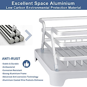 [Upgraded] Aluminum Dish Drying Rack, ROTTOGOON Rustproof Dish Rack and Drainboard Set with Drainage, Utensil Holder, Cup Holder, Compact Dish Drainer for Kitchen Counter, 16.9"L x 12.2"W, Light Gray