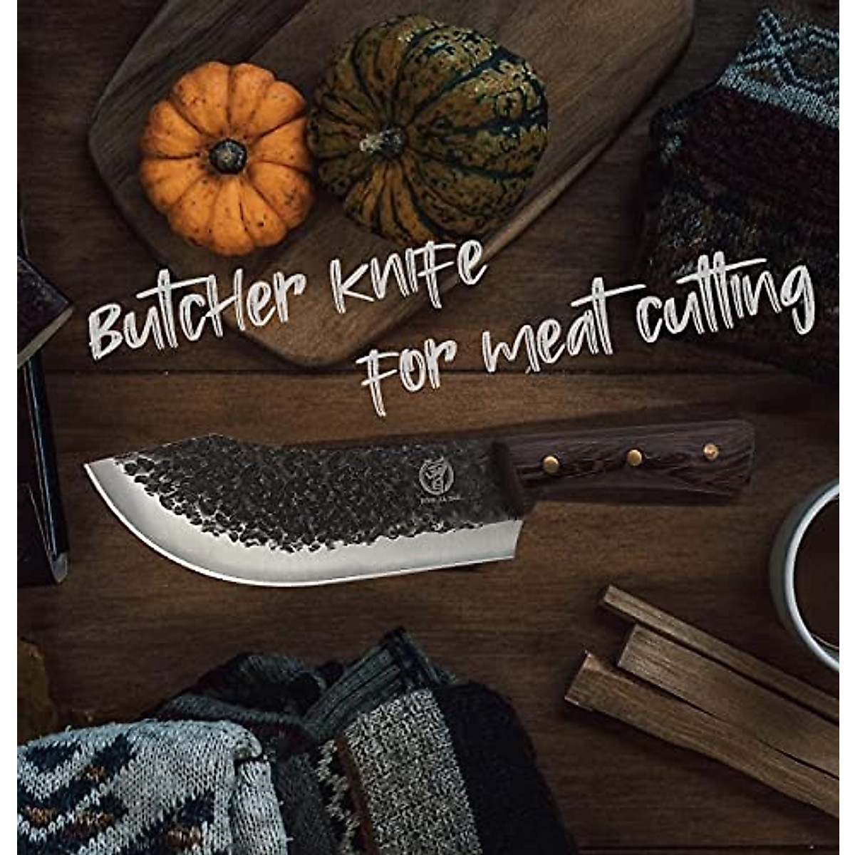 ZENG JIA DAO Butcher Knife - 7'' Bullnose Breaking Knife Meat Cleaver Knife for Meat Cutting - Vacuum Treated High Carbon Steel - Chopping Knife for Kitchen, Outdoor Camping, BBQ 2024 Gift