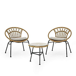Christopher Knight Home Grace Outdoor 3 Piece Wicker Chat Set, Light Brown, Beige, and Black