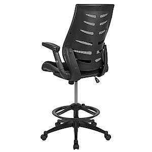 Flash Furniture High Back Black Mesh Spine-Back Ergonomic Drafting Chair with Adjustable Foot Ring and Adjustable Flip-Up Arms