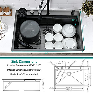 WMXQX 33 Inch Black Waterfall Kitchen Sink with Faucet Combo, 33x22 Waterfall Drop In Kitchen Sink Workstation 16 Gauge Stainless Steel Smart Double Waterfall Sink Single Bowl Kitchen Sink with Faucet