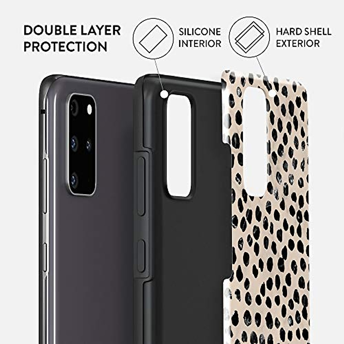 BURGA Phone Case Compatible with Samsung Galaxy S20 Plus - Hybrid 2-Layer Hard Shell + Silicone Protective Case -Black Polka Dots Pattern Nude Almond Latte - Scratch-Resistant Shockproof Cover