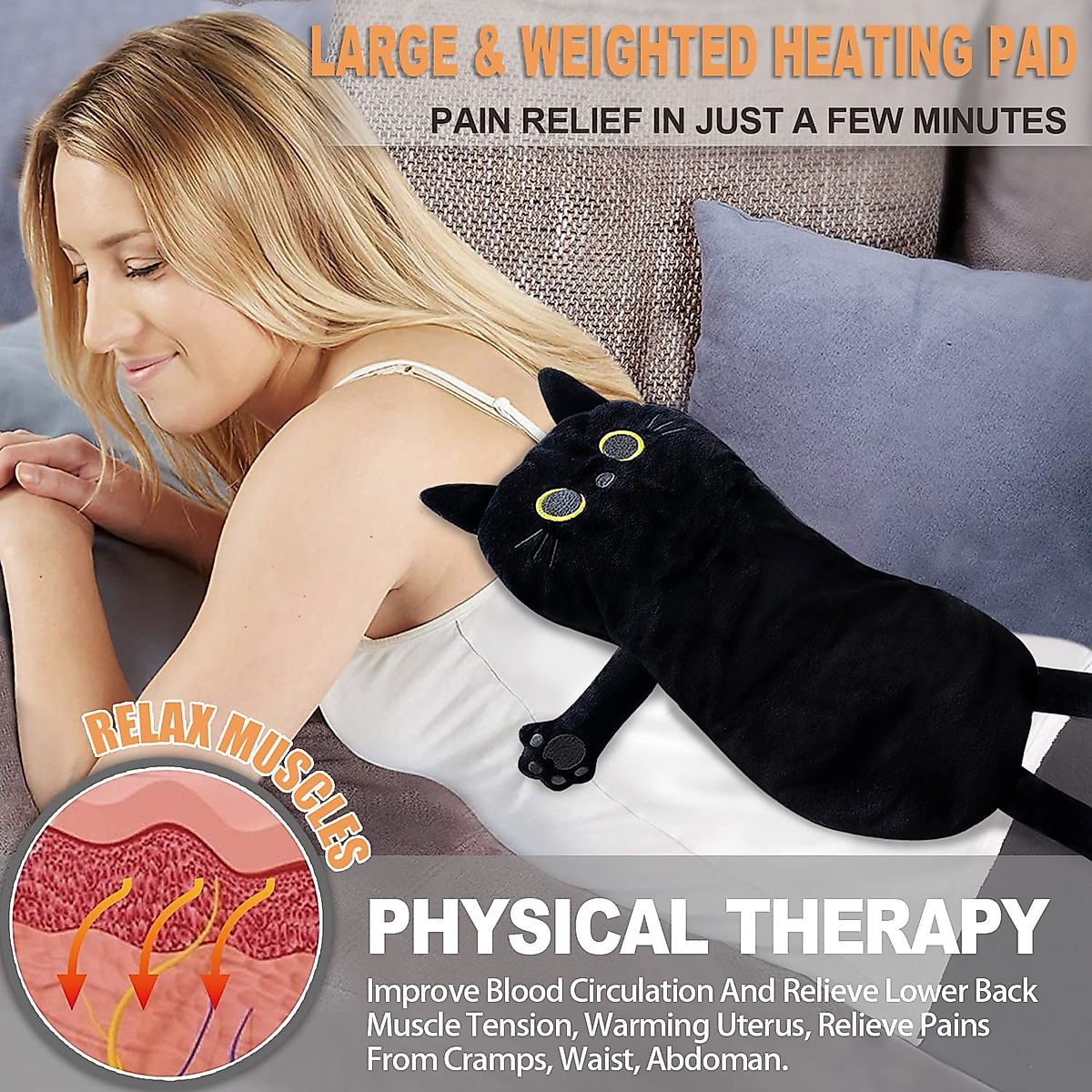 Large Microwave Heating Pad with Washable Cover 21 * 12" Microwavable Heating Pads for Cramps, Back, Neck Shoulder Pain Relief, Cordless Weighted Moist Heat Pack, Black Cat