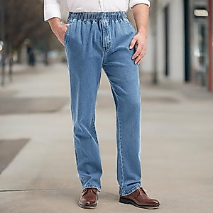 voeeron Mens Elastic Waist Jeans Loose Fit Casual Pull On Pants