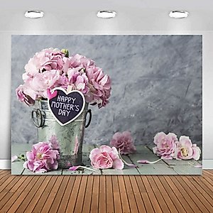 MAQTT 8x6FT Happy Mother's Day Backdrop Gray Abstract Carnatinon Floral Wood Background Love Mom Photo Booth Props Banner