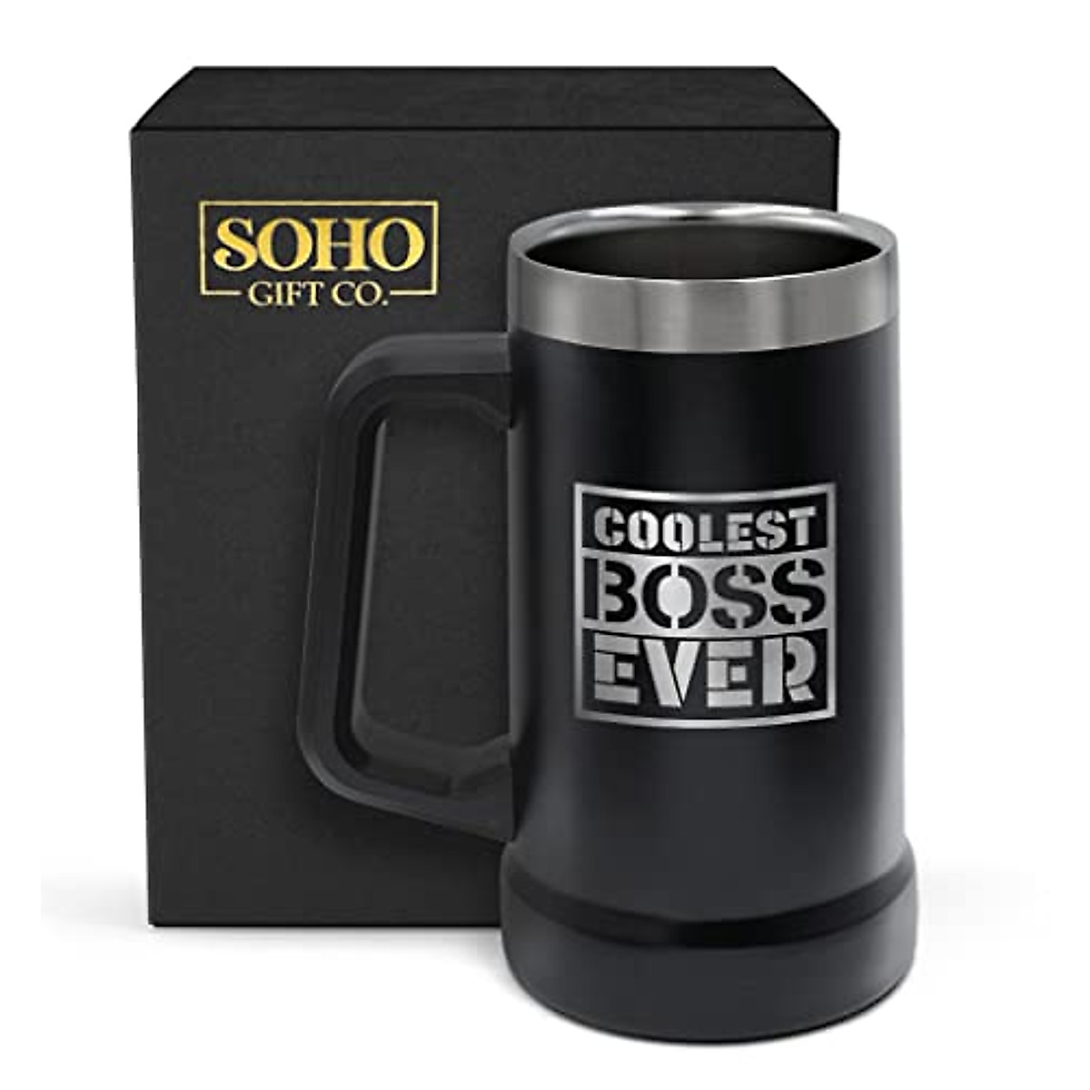 GALVANOX Boss Gift XL Stainless Steel Beer Mug - Insulated 24oz Large Beer Stein with Handle for Christmas/Office Appreciation Day, Gift Boxed Tumbler Cup (Laser Etched “Coolest Boss Ever”)