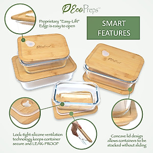 EcoPreps Glass Food Storage Containers with Bamboo Lids [4 Pack] 100% Plastic Free, Eco-Friendly, Oven, Microwave Safe Glass Meal Prep Containers, Glass Lunch Containers, Bamboo Lid Storage Containers