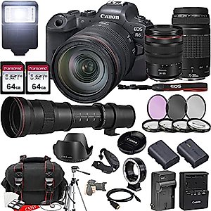Canon EOS R6 Mirrorless Camera w/RF 24-105mm f/4 L is USM Lens + 75-300mm F/4-5.6 III Lens + 420-800mm f/8.3 HD Manual Telephoto Lens + 2X 64GB Memory, Hood, Case, Filters, Tripod, More (35pc Bundle)