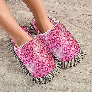 Kigai Microfiber Cleaning Slippers Bright Pink Laopard Washable Mop Shoes Slipper for Men/Women House Floor Dust Cleaner, Size M