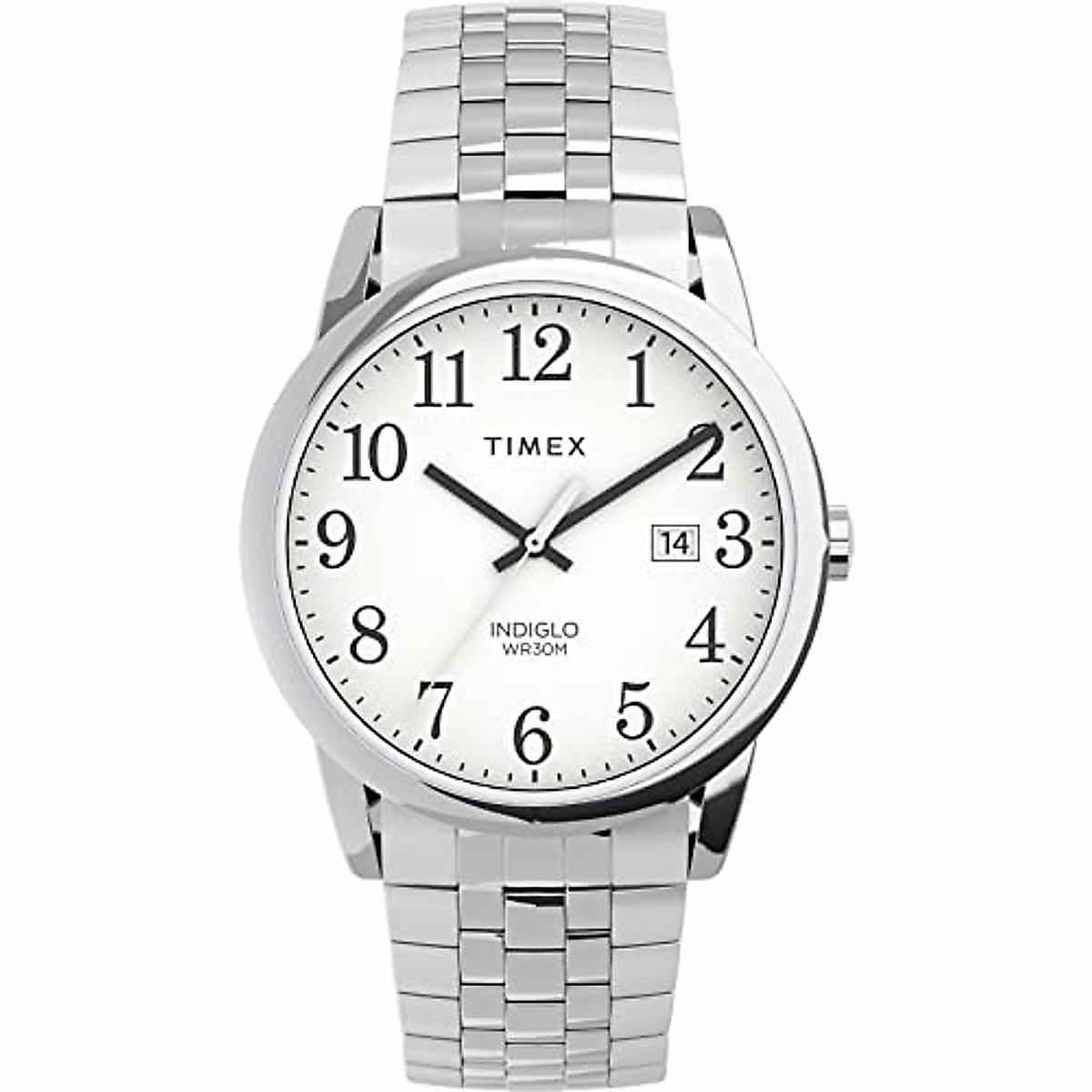 Timex Men's Easy Reader 38mm Perfect Fit Watch – Silver-Tone Case White Dial with Silver-Tone Expansion Band