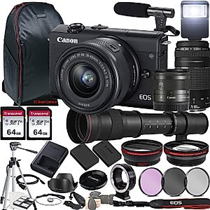 Canon EOS M200 Mirrorless Camera (White) w/EF-M 15-45mm f/3.5-6.3 is STM Lens + EF 75-300mm f/4-5.6 III Lens + 420-800mm f/8.3 HD Lens + 2X 64GB Memory, Case, Microphone, Tripod, More (35pc Bundle)
