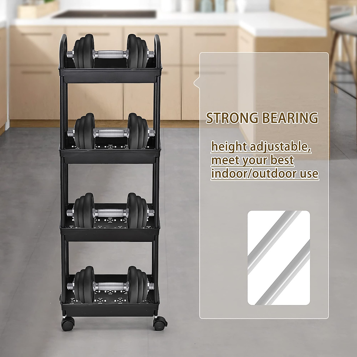 WASJOYE 4-Tier Plastic Rolling Utility Cart with Handle, Black Home Kitchen Office Storage Trolley Cart with Wheels (14 * 8.9 * 45.3 Inch)