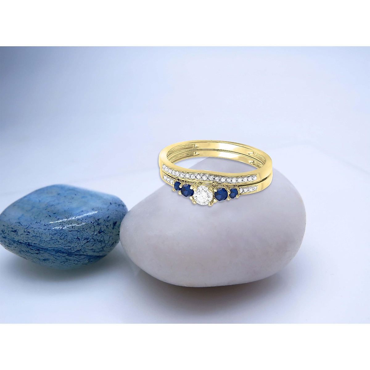 Dazzlingrock Collection Round Blue Sapphire & White Diamond Women 5 Stone Bridal Engagement Band Set in 14K Yellow Gold, Size 8