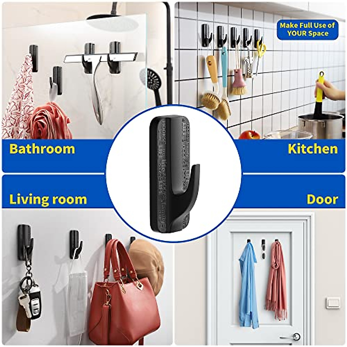 ALOCEO Sticky Hooks for Hanging Sticky Hanger for Bathroom Kitchen Office Closet, 9 Pack 12 Adhesive Strips, Black