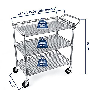WDT Heavy Duty 3 Tier Rolling Utility Cart, Kitchen Cart on Wheels Metal Serving Cart Commercial Grade with Wire Shelving Liners and Handle Bar for Kitchen Office Hardware