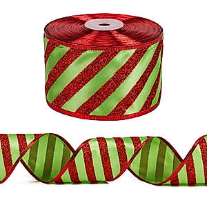 LaRibbons Wired Christmas Holiday Ribbon - Green with Red Glitter Stripe Ribbon - 2.5 inch x 25 Yard Each Roll - Red Wired Edge