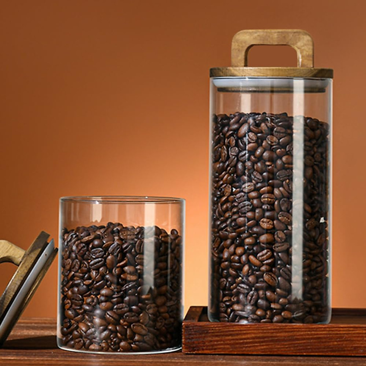 Glass Food Storage Containers, Clear Decorative Organizer Bottle Canister Pantry Jar with Air Tight Wooden Lid, Glass Jar With Lid for Coffee Bean Candy Cookie Noodles Nuts Spices etc, 27oz/800ml