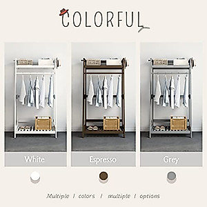 IOTXY Open Wood Garment Rack - White Solid Wood Freestanding Clothing Rack with Storage Shelves and Rod for Hanging Clothes, Open Shelving Wardrobe and Closet Organizer for Bedroom, 27.6" W