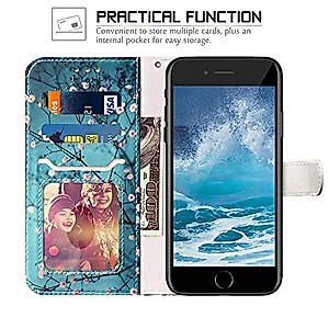 JanCalm for iPhone SE 2022 Case,iPhone 8 Wallet Case,iPhone 7 Case,iPhone SE 2020 Case,iPhone 6/6S Case (Not Plus),PU Leather [Wrist Strap] [Card Holder/Cash Slots] Stand Flip Cover (Plum Blossom)