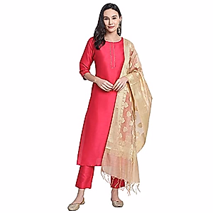 Janasya Women's Pink Poly Silk Kurta with Pant and Dupatta