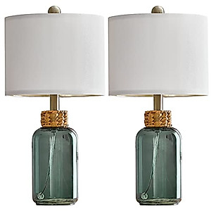 G-SAFAVA 20.25" Modern Glass Table Lamp Set of 2, Small Farmhouse Bedside Lamp Blue Green Nightstand Lamp for Living Room Bedroom Office Dorm