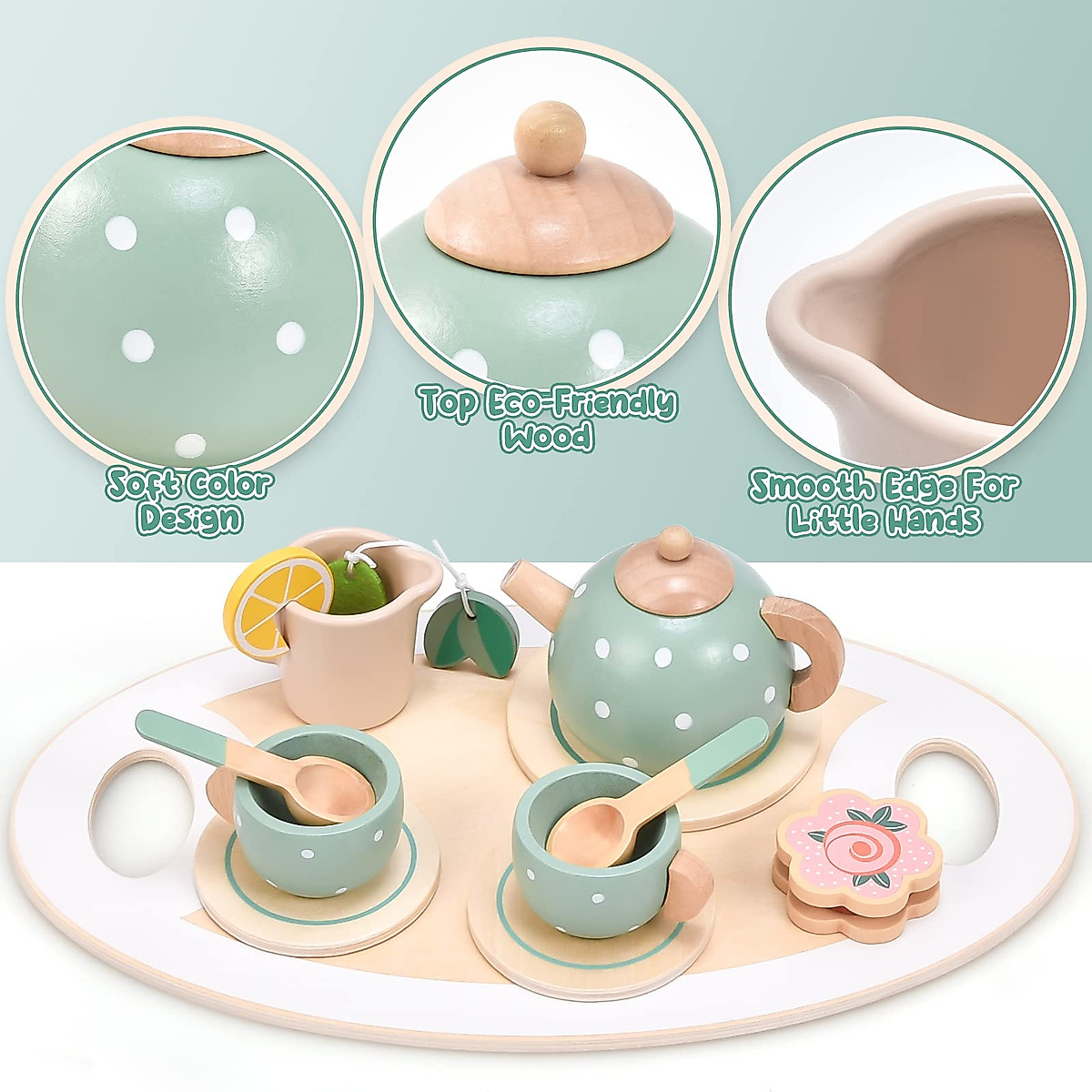 Atoylink Wooden Tea Party Set for Little Girls 28 Pcs Toddler Tea Set with Cupcake Stand & Food Pretend Play Accessories Kids Kitchen Playset Wooden Toys for 2 3 4 5 6 Year Old Girl Birthday Gift