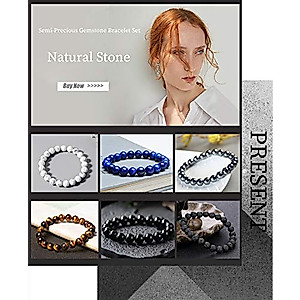 JEWPARK 10PCS 8mm Semi-Precious Gemstone Bracelet Set Healing Crystal Stone Stretch Bracelets for Men Women Round Beaded Elastic Bracelets