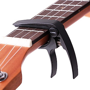 Ukulele Capo Aluminium Alloy Clamp for 4 Strings Uke Soprano Concert Tenor Baritone Light Weight Ukulele Clamp with Free Guitar Picks (Black)
