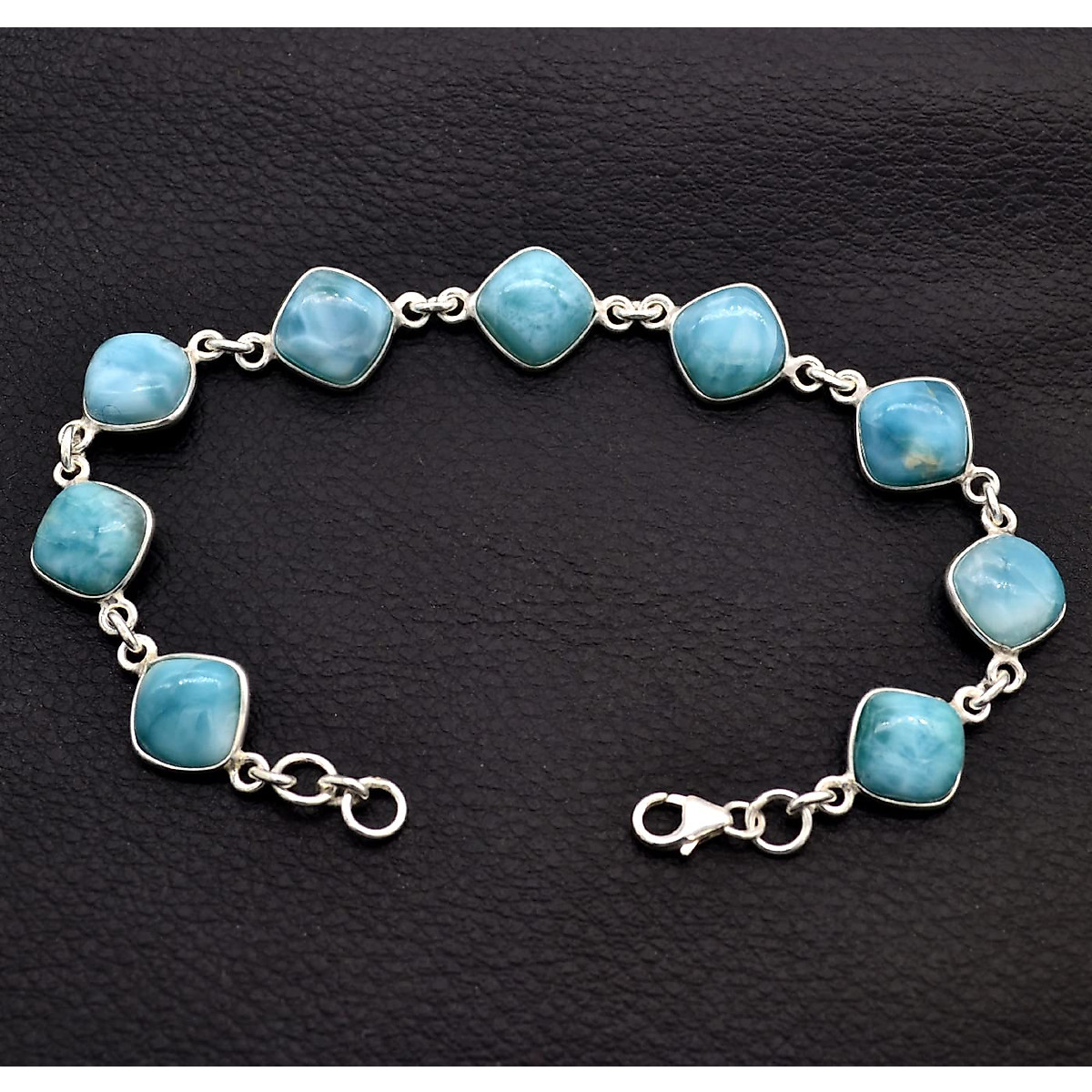 DESIGN HUB Blue Larimar Stone Bracelets 925 Silver Overlay For Women Girl Gifts - Gemstone Adjustable 7.50" Cushion Cabochon Link Bracelets Christmas Gifts For Her (Bracelet Style 3)