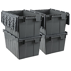 Xeabia 15 Gallom Industrial Plastic Storage Tote with Hinged Attached Lid, Flip Lid Plastic Storage Container, Gray, 4 Packs