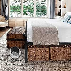 JOM Queen Bed Frame with Headboard and Storage No Box Spring Needed Metal-Wood Platform Bedframe Size Black 14 Inch High