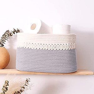 AROPEME Cotton Rope Basket | 15"x10"x9" Rectangle Woven Storage Basket for Toys Books Towels Shelves | Coiled Decorative Basket with Handle for Living Room Bathroom | Baby Nursery Bin, Grey