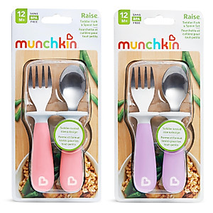 Munchkin® Raise™ Toddler Fork and Spoon Utensil Set, Rest Keeps Tip Off Table, BPA Free, 4 Pack, Pink/Purple