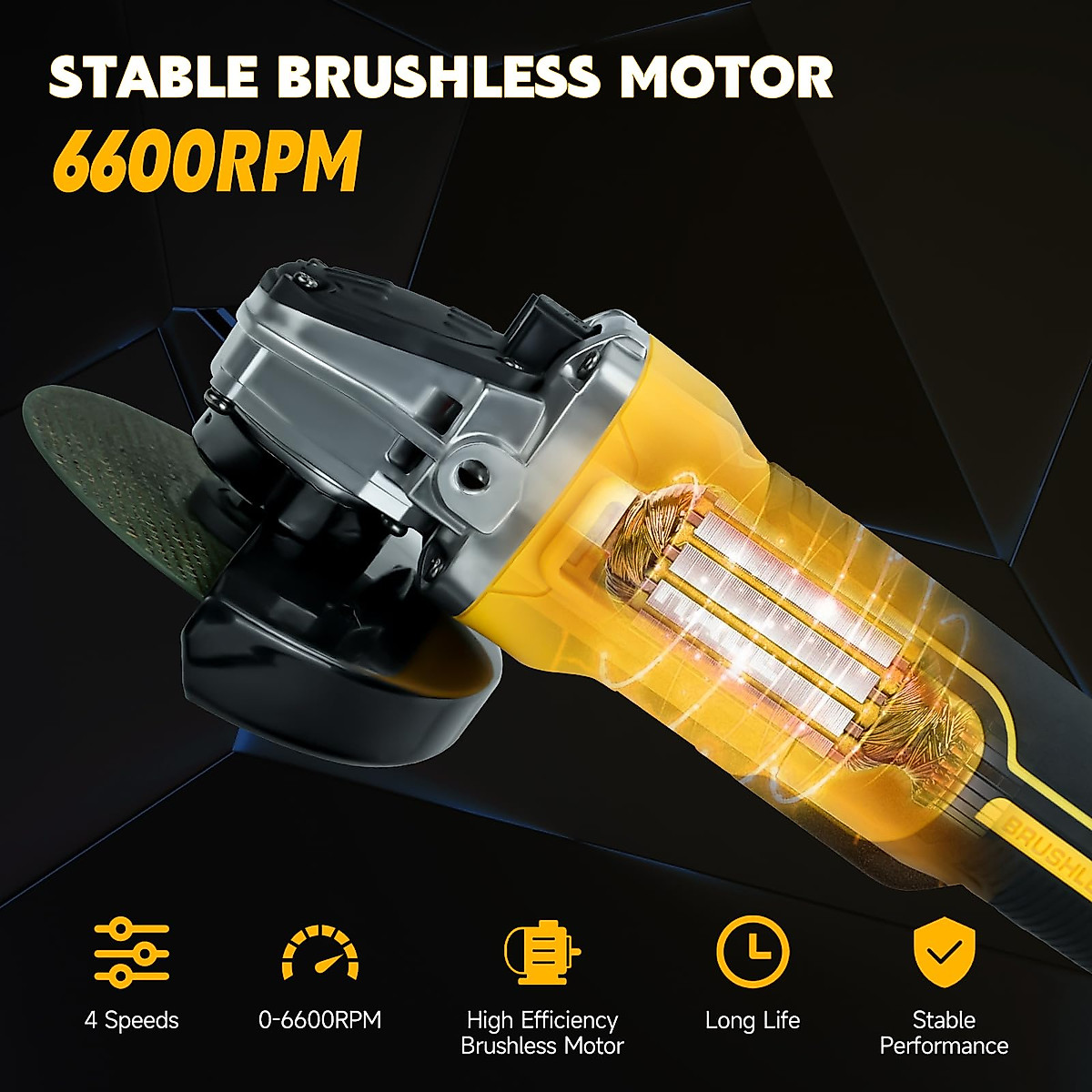 Cordless Angle Grinder for Dewalt 20v Batteries, 6600RPM Brushless Electric Grinder, 4 Variable Speed Metal Grinder for 4.9''Wheels with Adjustable Auxiliary Handle for Cutting, Polishing（No Battery)