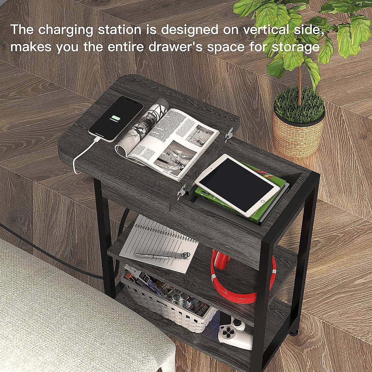 LIDYUK End Table with Charging Station, Set of 2 Flip Top Narrow Side Table for Small Spaces, Nightstands Set of 2 for Bedroom, End Tables Living Room Set of 2 with Storage Shelf, Dark Grey