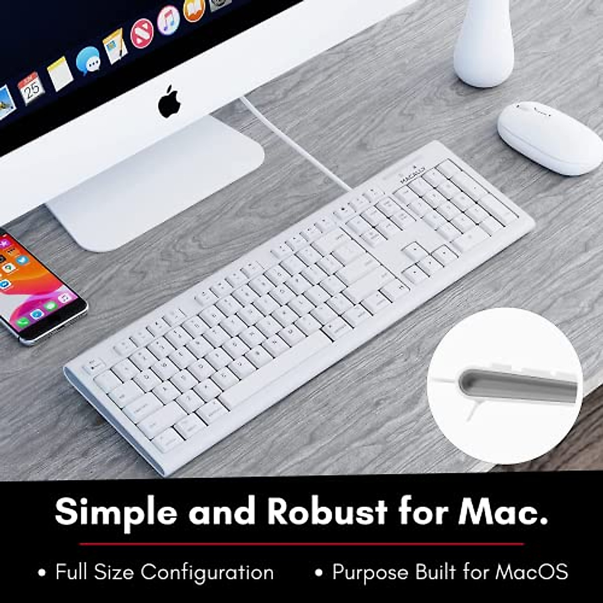 Macally Full-Size USB Wired Keyboard for Mac Mini/Pro, iMac Desktop Computer, MacBook Pro/Air Desktop w/ 16 Compatible Apple Keyboard with Numeric Keypad, Rubber Domed Keycaps - Spill Proof