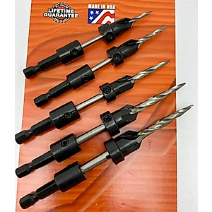 Set of 5 Countersinks with Hex Shank Taper Point Drills & 1 - Hex Key, by W. L. Fuller, for # 5, 6, 8, 10, & 12 Screws Made in The USA