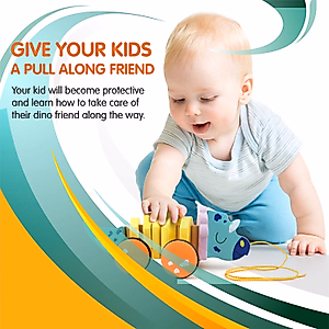 Leo & Friends Pull Along Walking Triceratops Wooden Toy for Boys and Girls